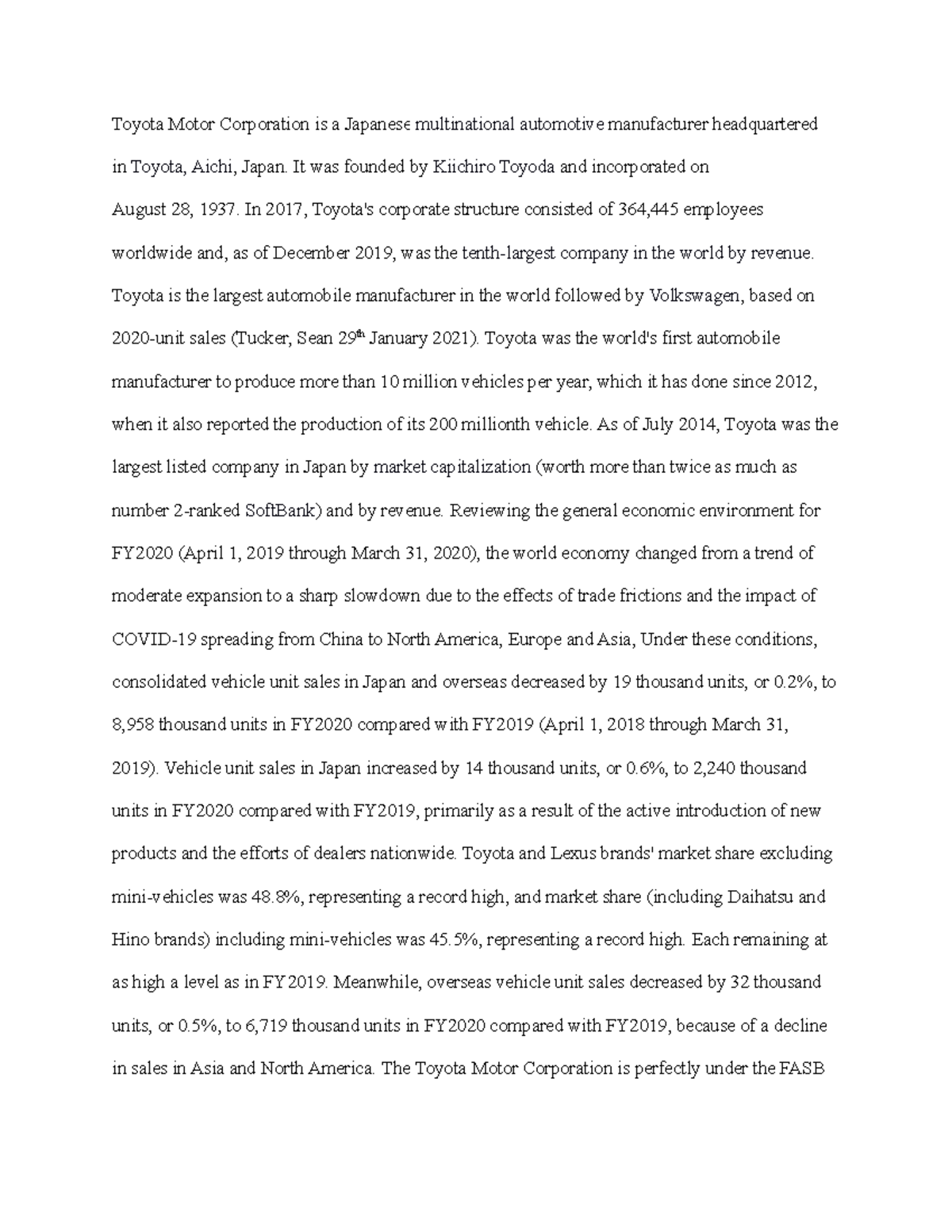 Toyota Motor Corporation Final - It was founded by Kiichiro Toyoda and ...