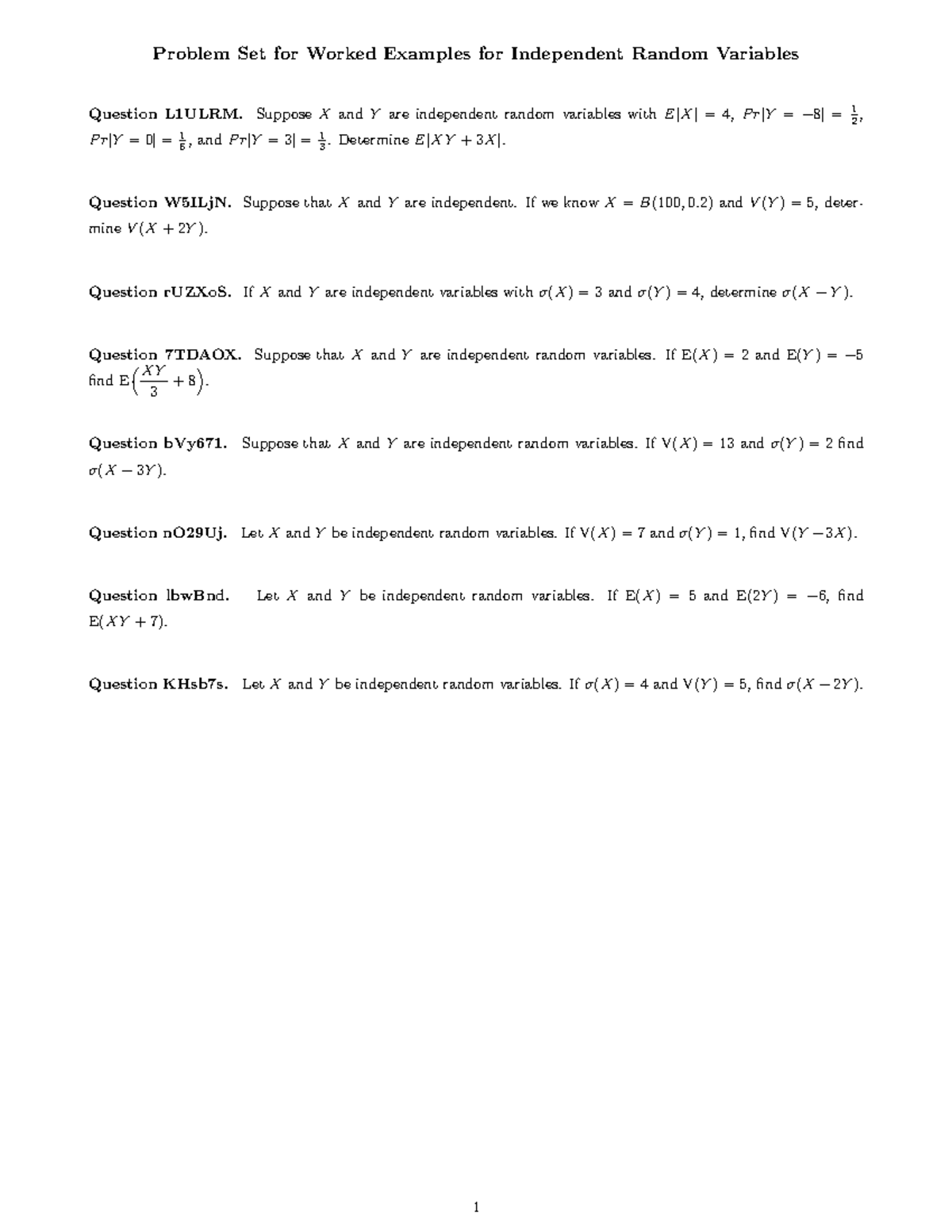 Worked Examples for Independent Random Variables - Suppose X and Y are independent random ...