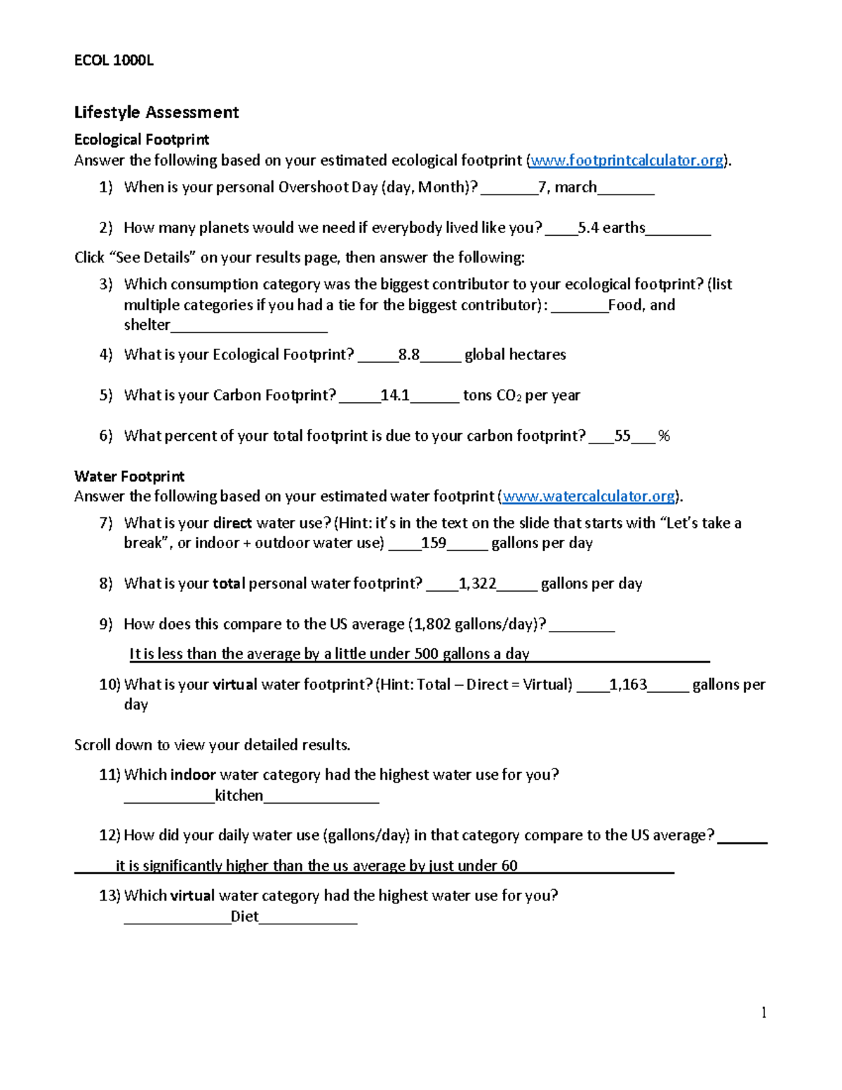 Lifestyle Assessment Worksheet - ECOL 1000L 1 Lifestyle Assessment ...