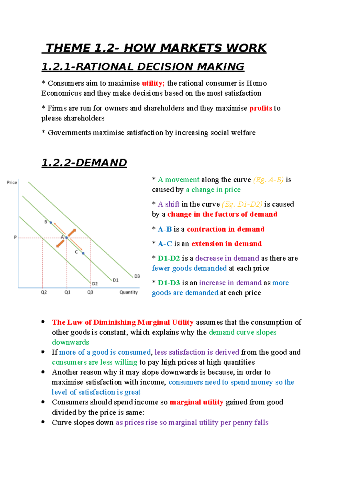 Theme 1.2 Notes - Microeconomics - THEME 1- HOW MARKETS WORK 1.2 ...