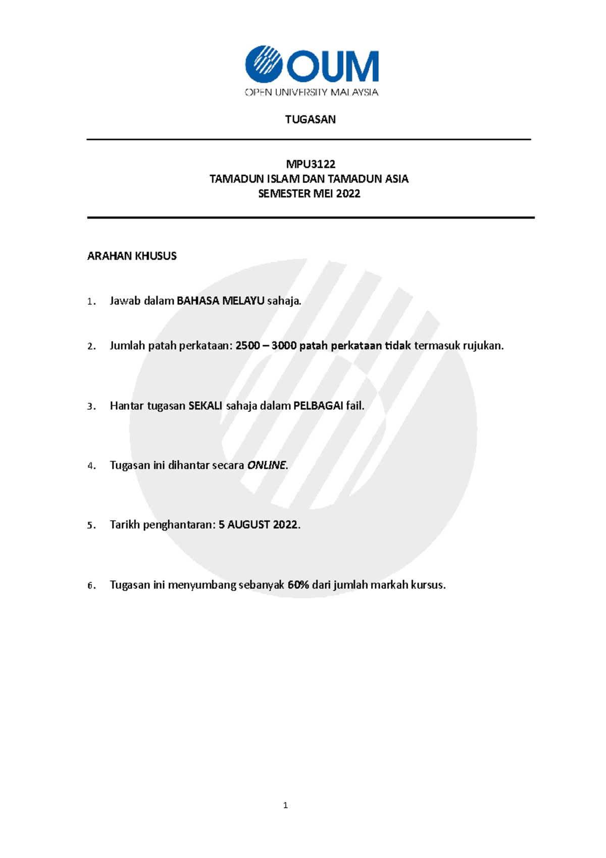 Titas - ASSIGNMENT - TUGASAN MPU3122 TAMADUN ISLAM DAN TAMADUN ASIA SEMESTER MEI 2022 ARAHAN ...