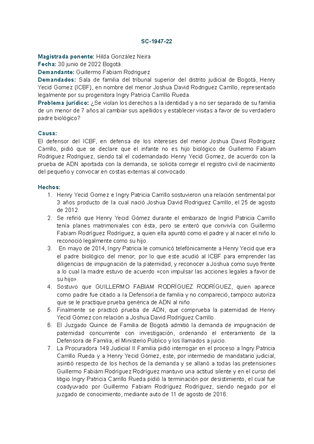 SC-1947-22 - .... - SC-1947- Magistrada ponente: Hilda González Neira ...