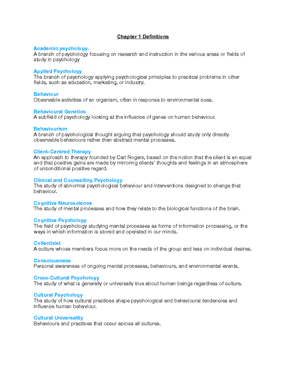 Definitions Ch 1 - Chapter 1 Definitions Academic psychology: A branch ...