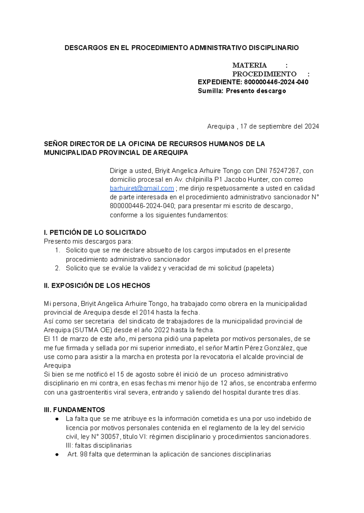 Descargo - DESCARGOS EN EL PROCEDIMIENTO ADMINISTRATIVO DISCIPLINARIO ...