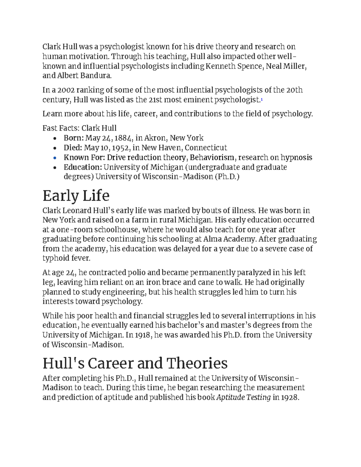 Clark Hull - Notes - Clark Hull was a psychologist known for his drive ...