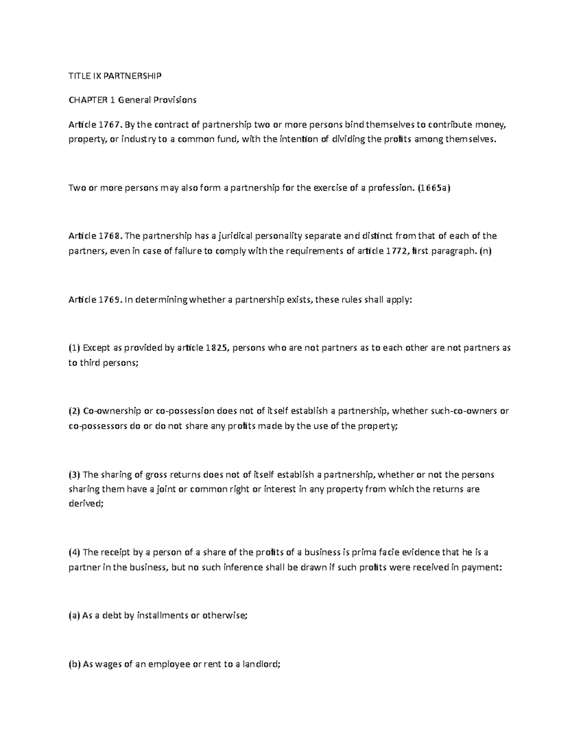 LAW ON Partnership - Law - TITLE IX PARTNERSHIP CHAPTER 1 General ...