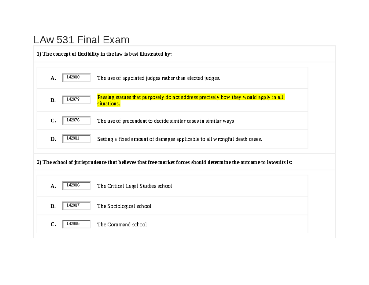 LAw 531 Final Exam - M/C with answers - LAw 531 Final Exam The concept of flexibility in the law ...