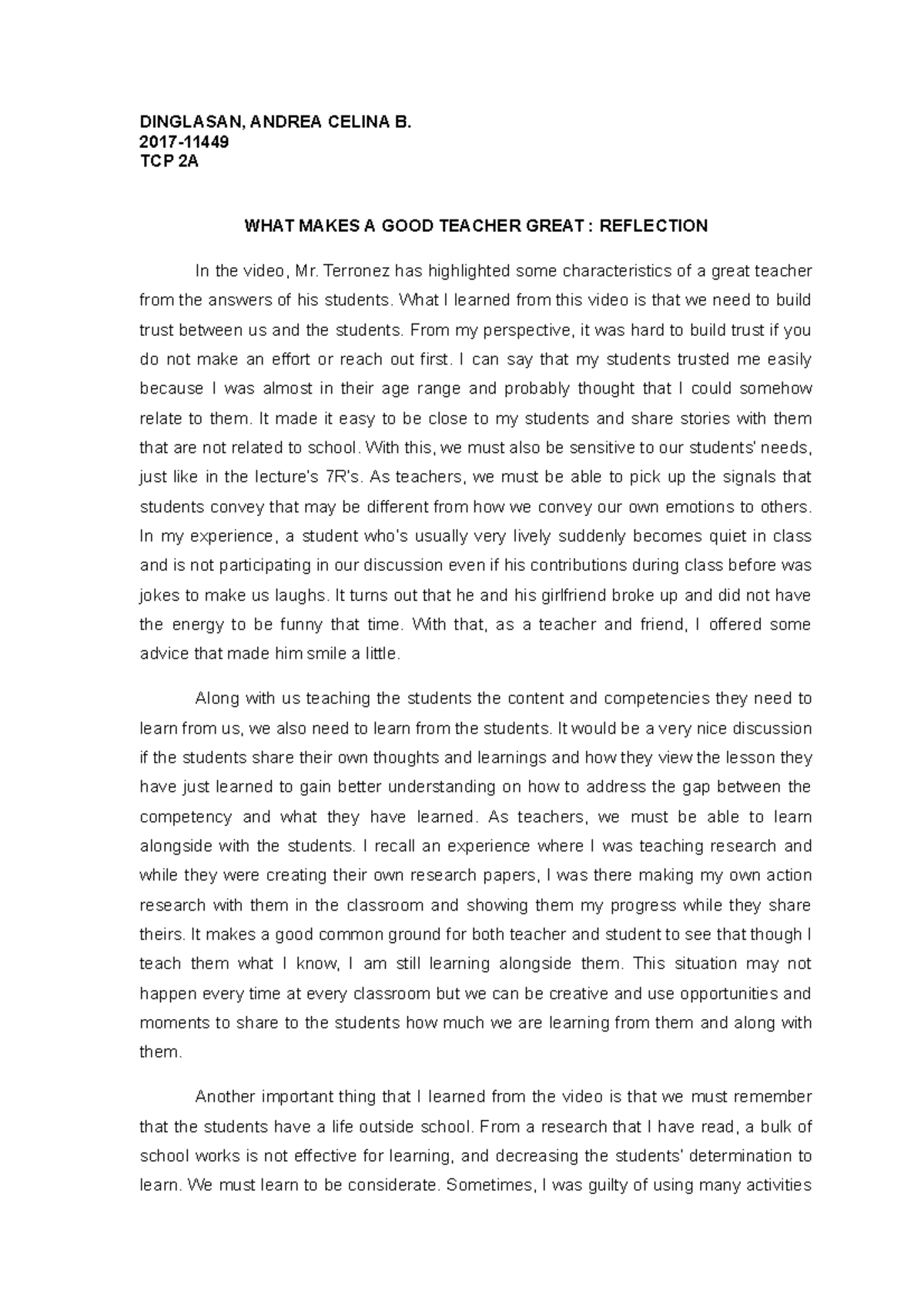 4. Reflection on WHAT Makes A GOOD Teacher Great - DINGLASAN, ANDREA ...