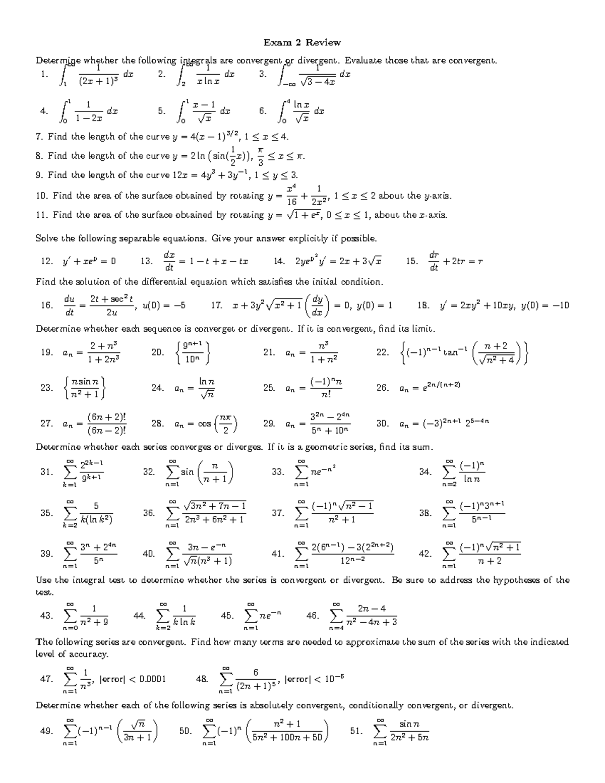 2414 Exam 2 Review - Exam 2 Review Determine whether the following ...