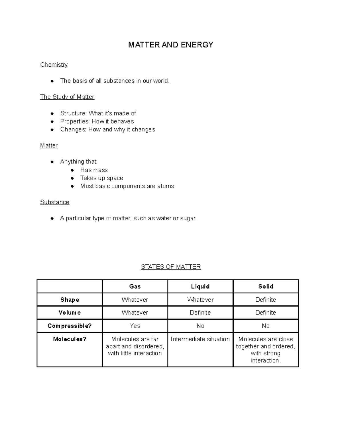 General Biology Notes Matter and Energy - MATTER AND ENERGY Chemistry ...