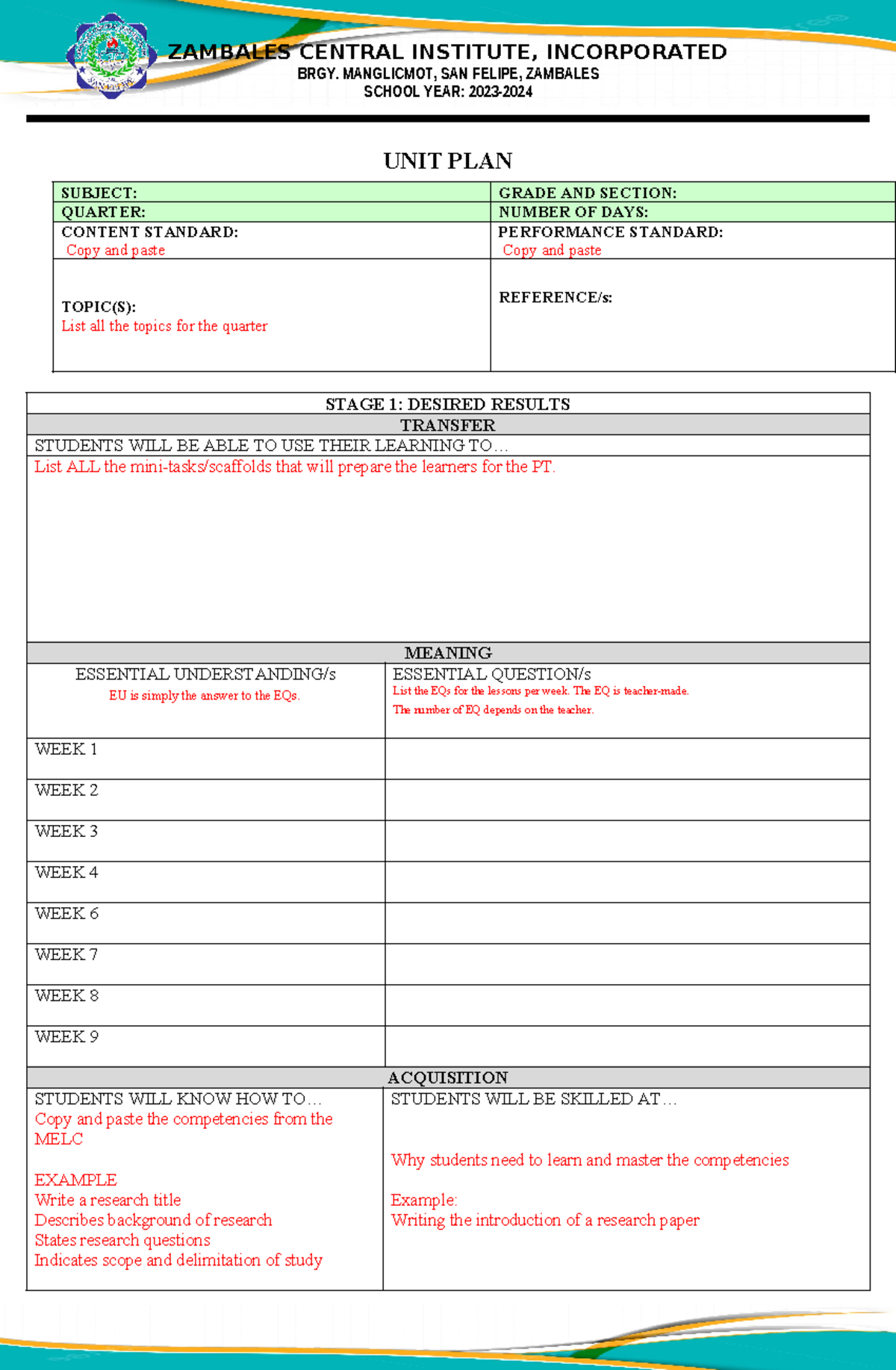 UNIT-PLAN-template - ZAMBALES CENTRAL INSTITUTE, INCORPORATED BRGY ...