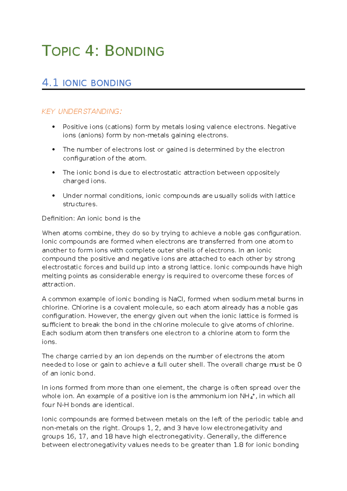 Topic 4 - Bonding - TOPIC 4: BONDING 4 IONIC BONDING KEY UNDERSTANDING ...
