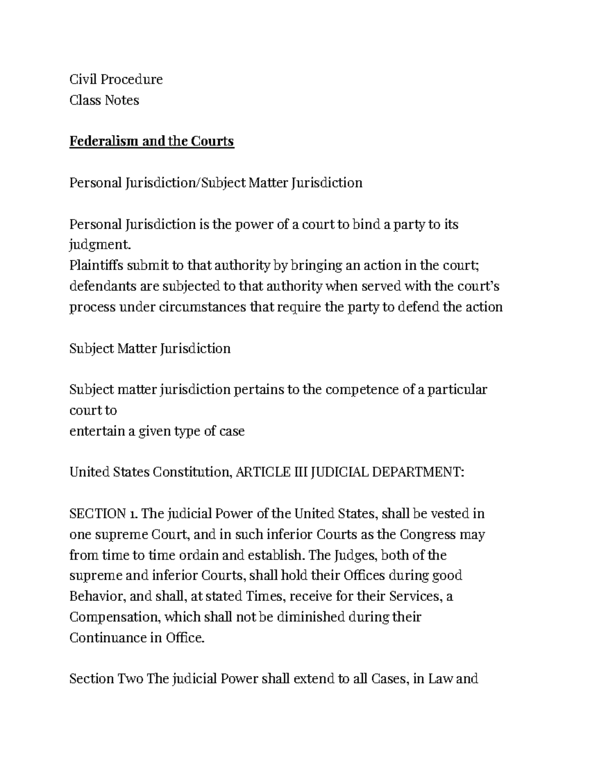 Civil Procedure 1 - The federal Courts - Civil Procedure Class Notes ...