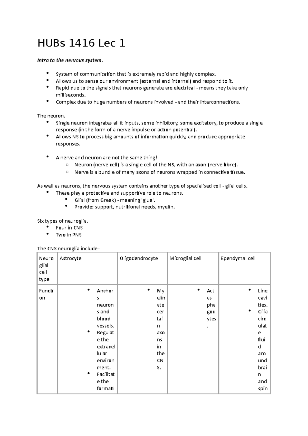 HUBs 1416 Lec 1 - notes - HUBs 1416 Lec 1 Intro to the nervous system ...