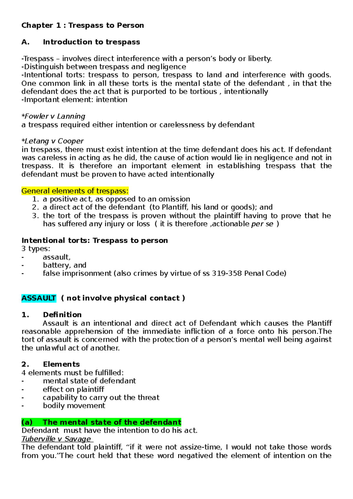 Trespass of person ( tort) - Chapter 1 : Trespass to Person A ...