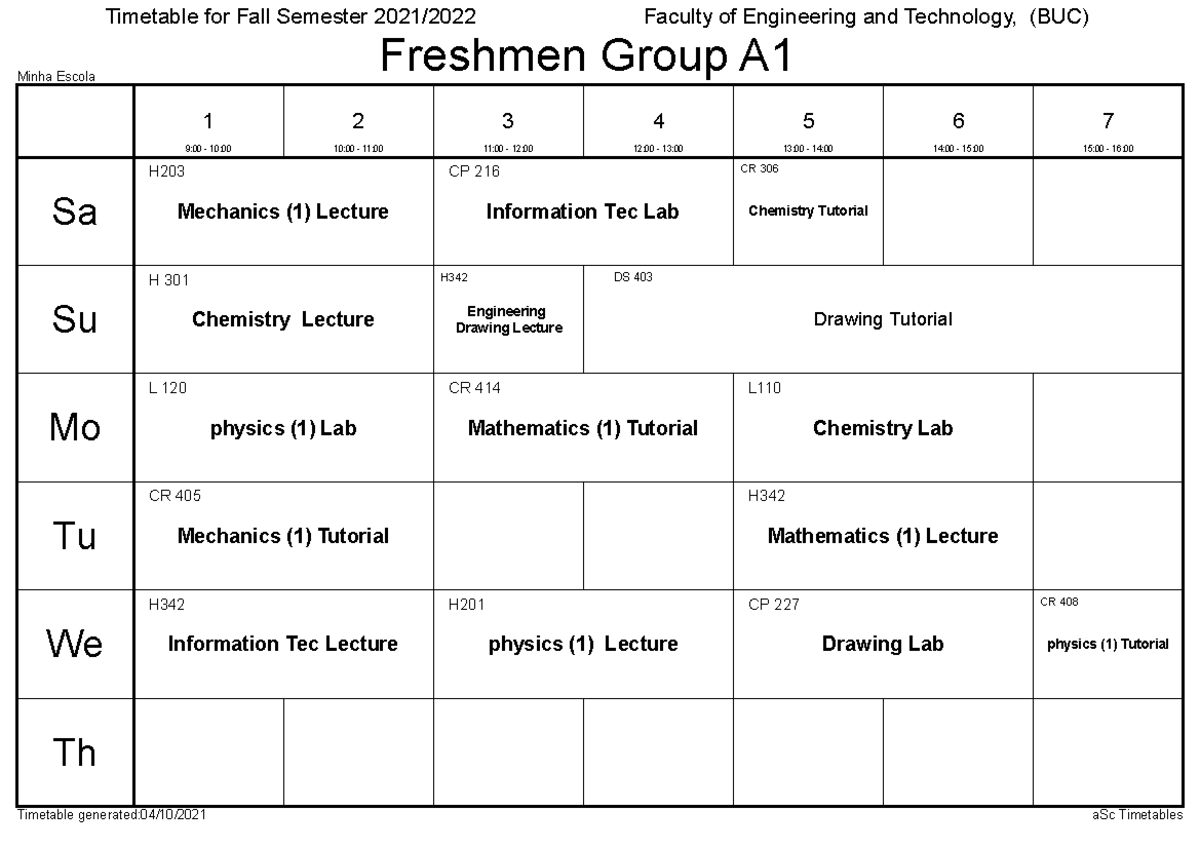 Timetable for Each Class Faculty of Engineering BUC - Minha Escola ...