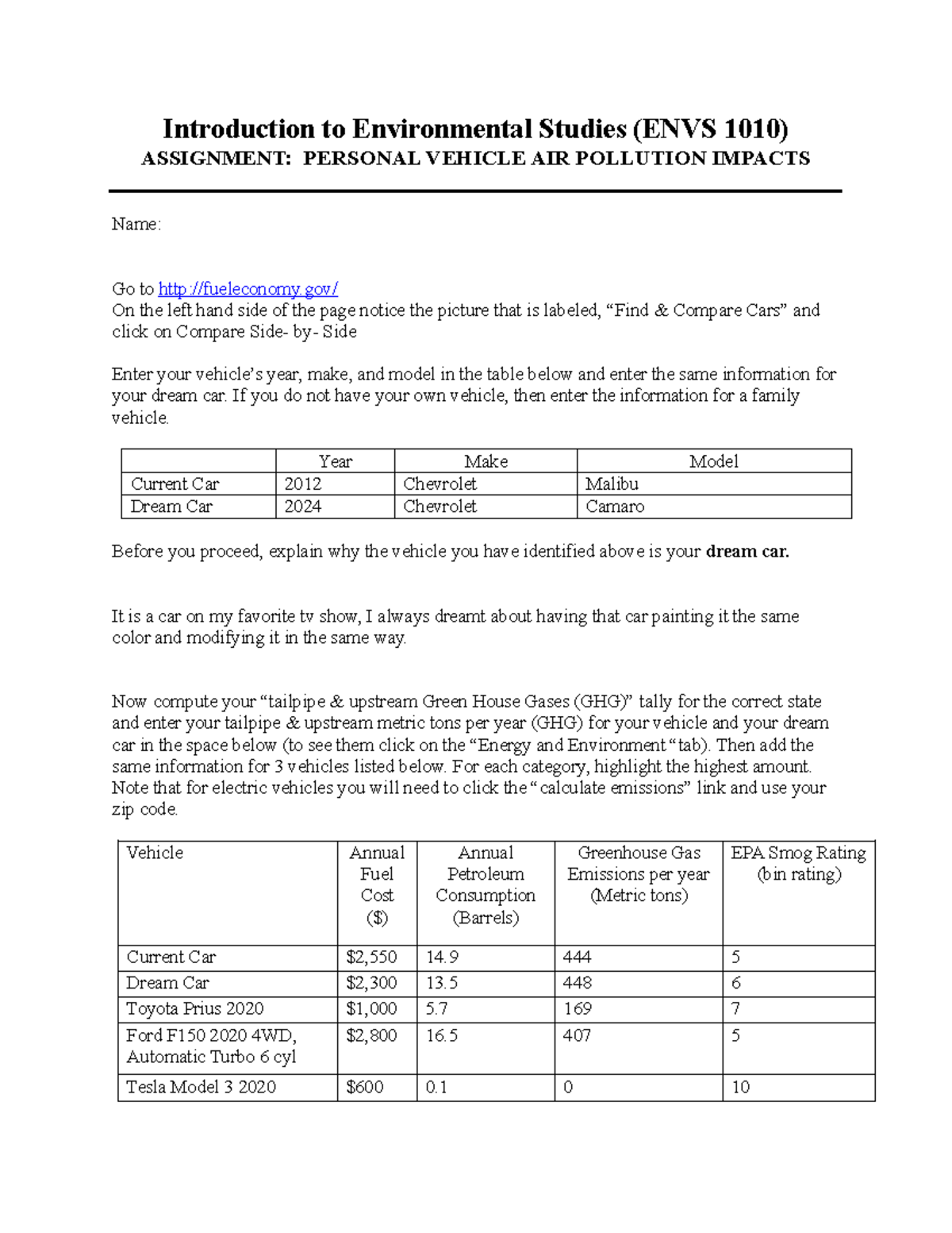 HW air pollution calculator - Introduction to Environmental Studies (ENVS 1010) ASSIGNMENT ...
