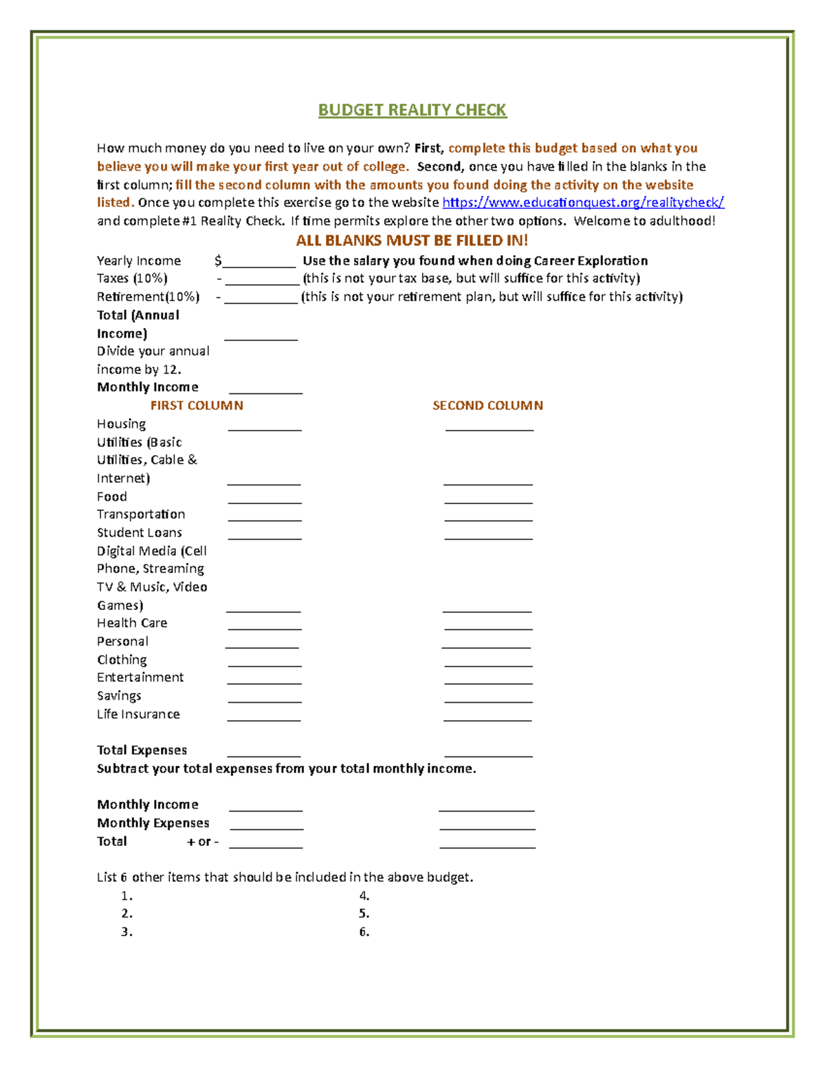 Monthlybudget-3 - monthly budget - BUDGET REALITY CHECK How much money ...