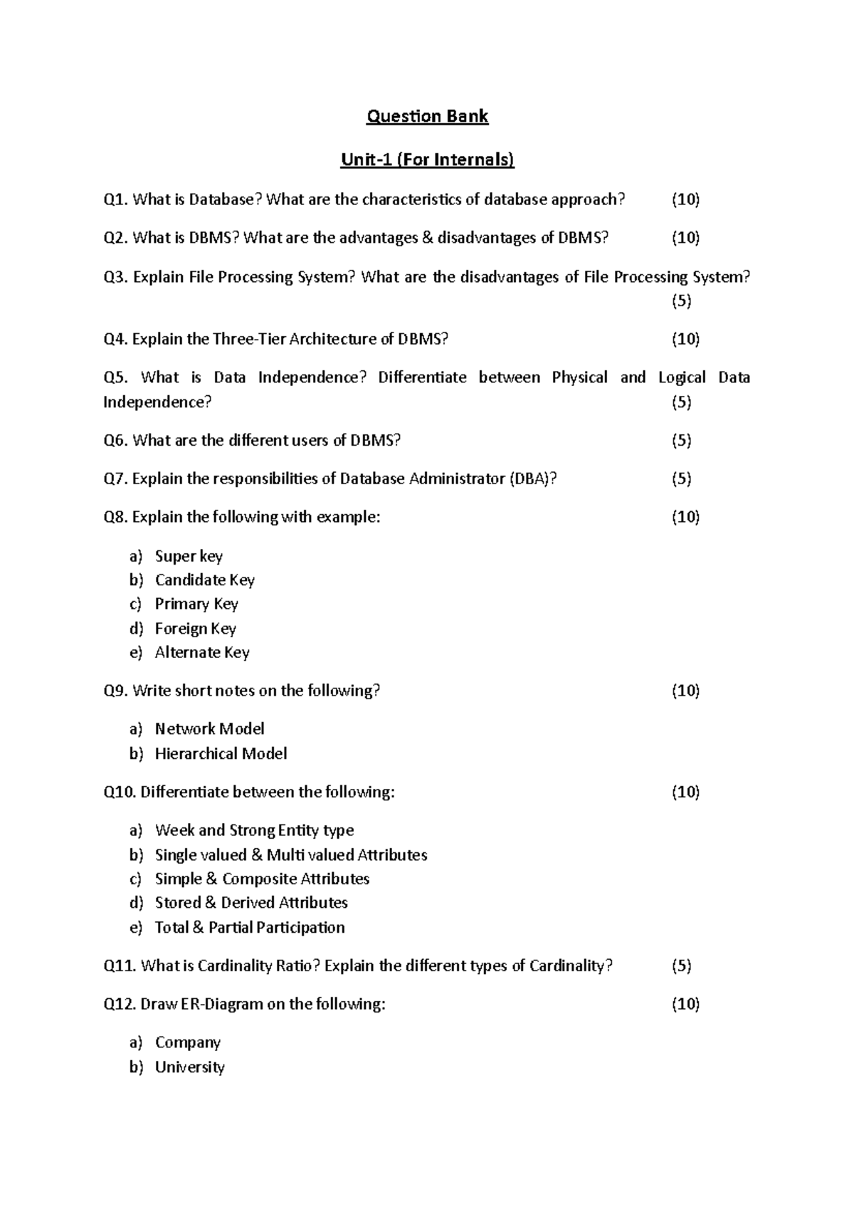 Question bank - Question Bank Unit-1 (For Internals) Q1. What is ...