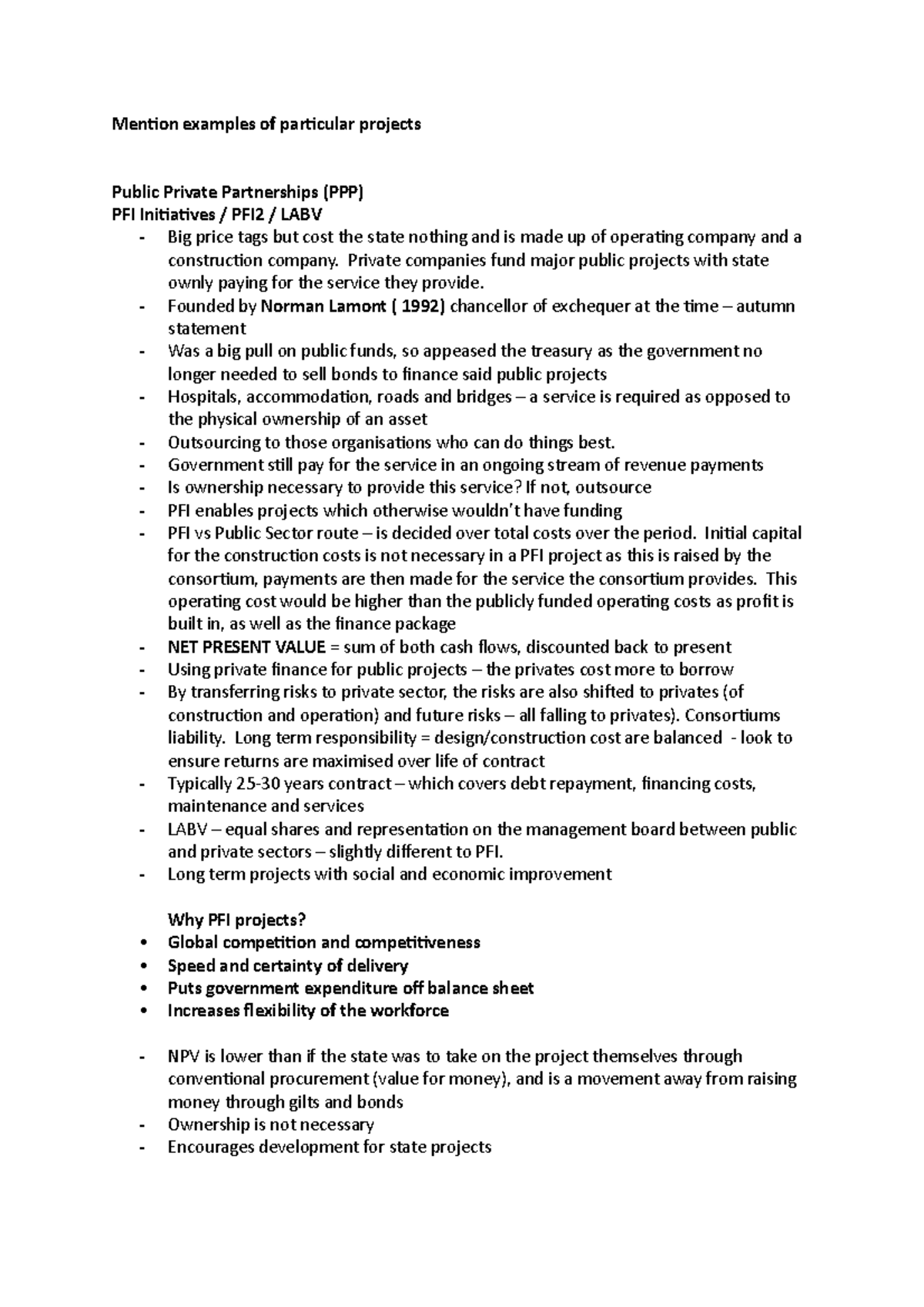 PFI notes - Private Finance Initiatives - Mention examples of ...