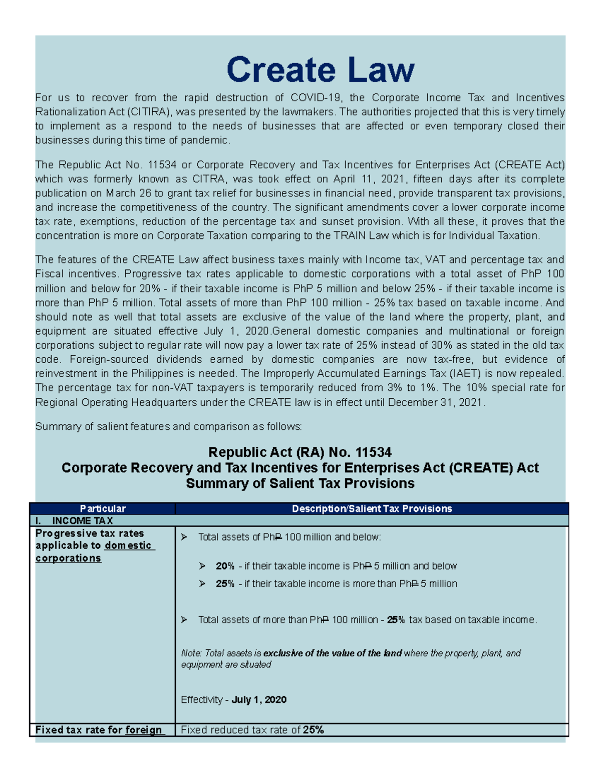 Summary Of Create Law Republic Act RA No 11534 Corporate Recovery