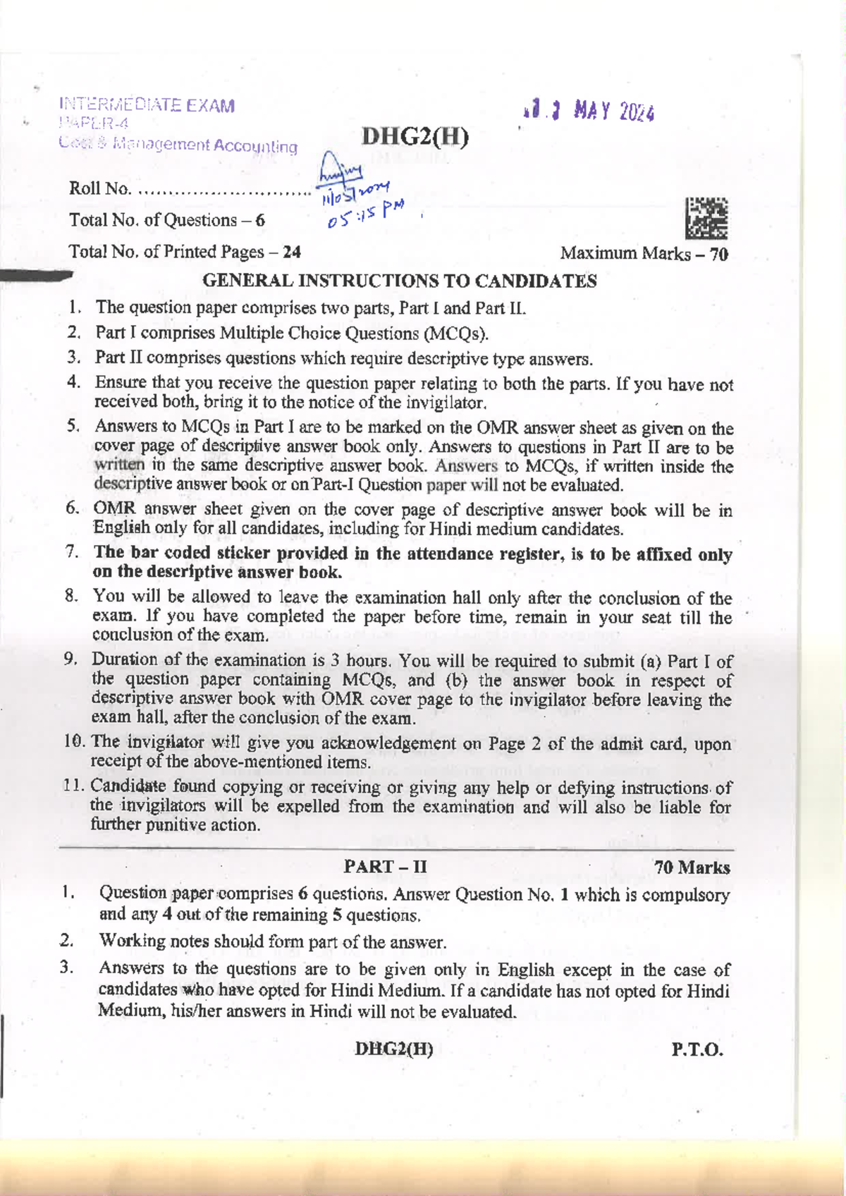 Q 4 - 11 May 2024 Question Paper 4 : Cost &Management Accounting - CA Intermediate - Studocu