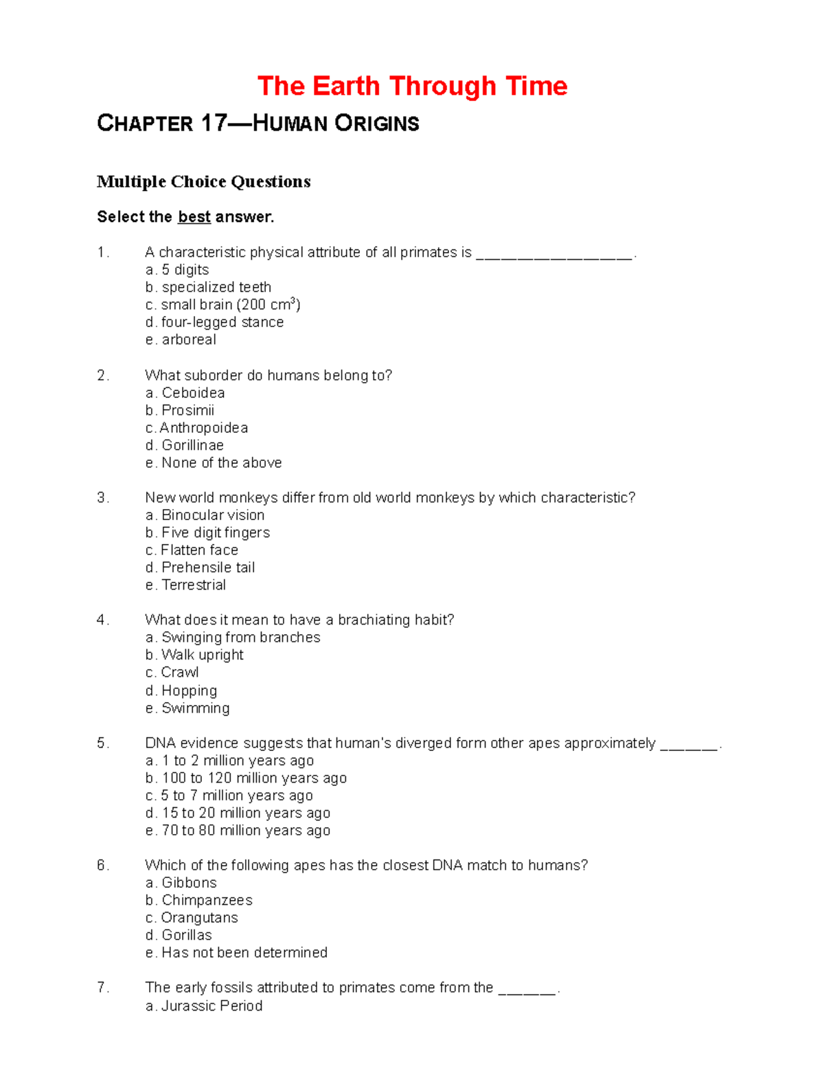Ch17 Human Origins Test - The Earth Through Time CHAPTER 17—HUMAN ...