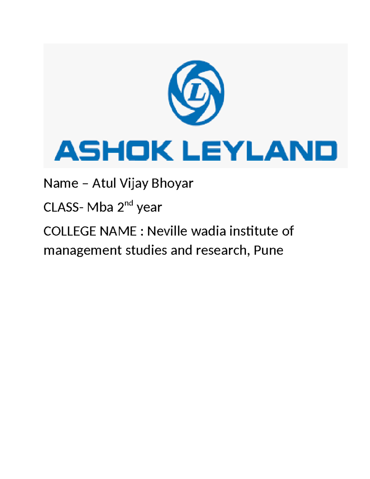 Ashok leyland Atul - Hhhhh - Name – Atul Vijay Bhoyar CLASS- Mba 2 nd ...