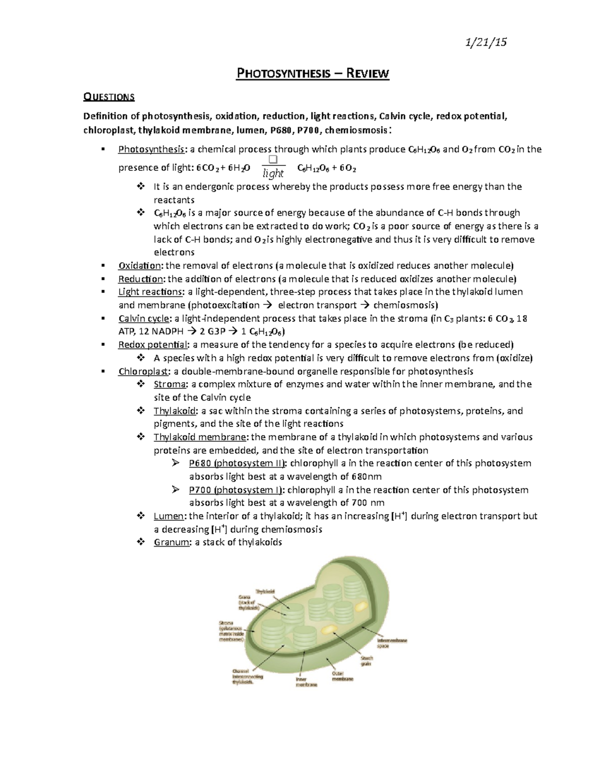 #6 Photosynthesis - Review - PHOTOSYNTHESIS REVIEW QUESTIONS Definition ...