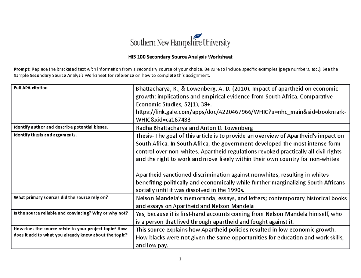 3-4 Activity Secondary Source Analysis Worksheet - HIS 100 Secondary ...