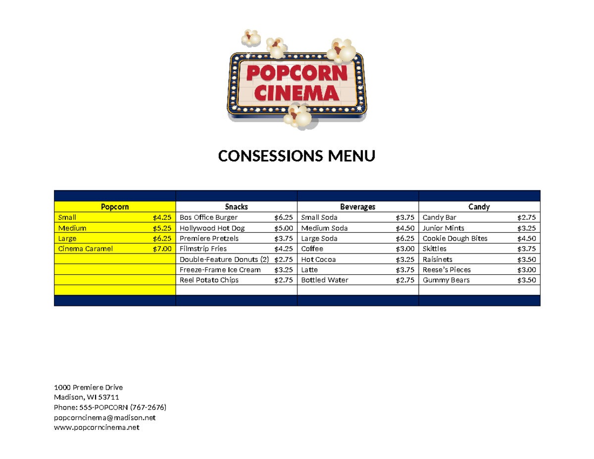 Popcorn Cinema 3 - CONSESSIONS MENU Popcorn Snacks Beverages Candy ...