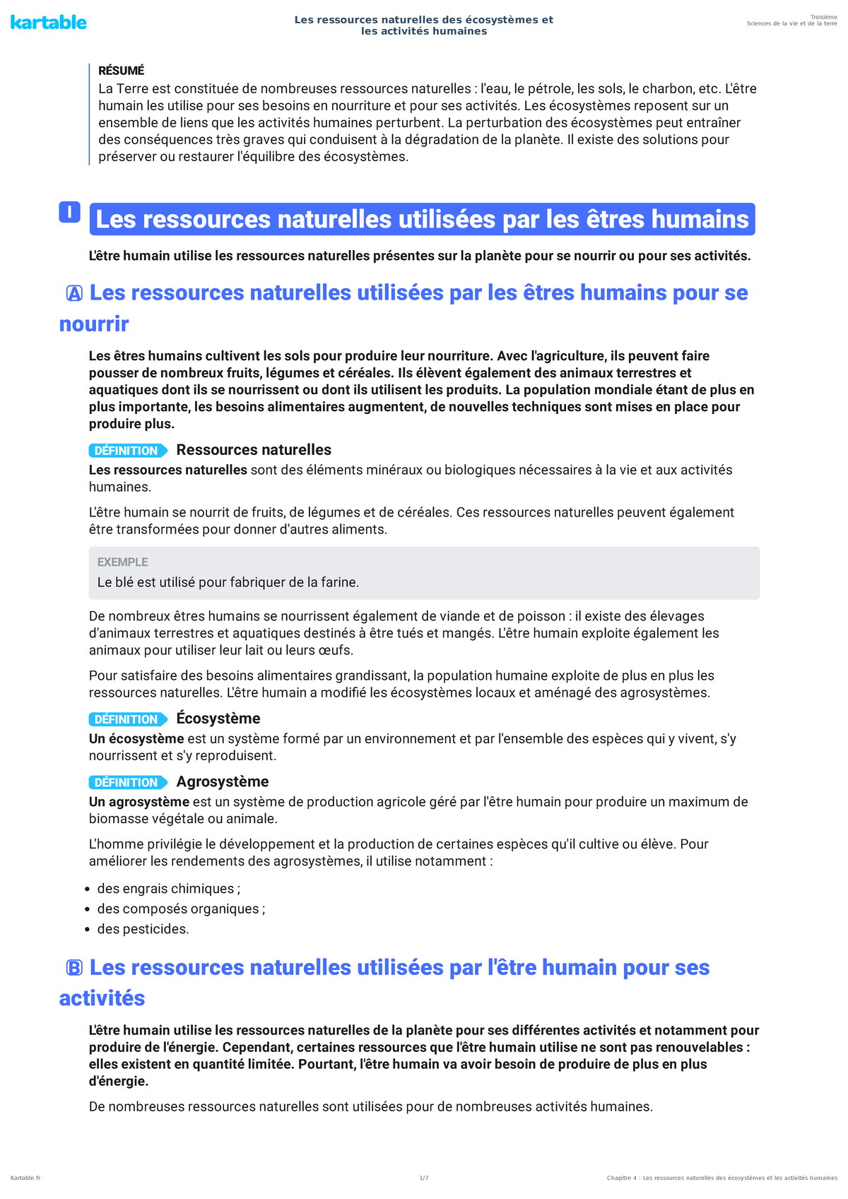 Les ressources naturelles des ecosystemes et les activites humaines ...
