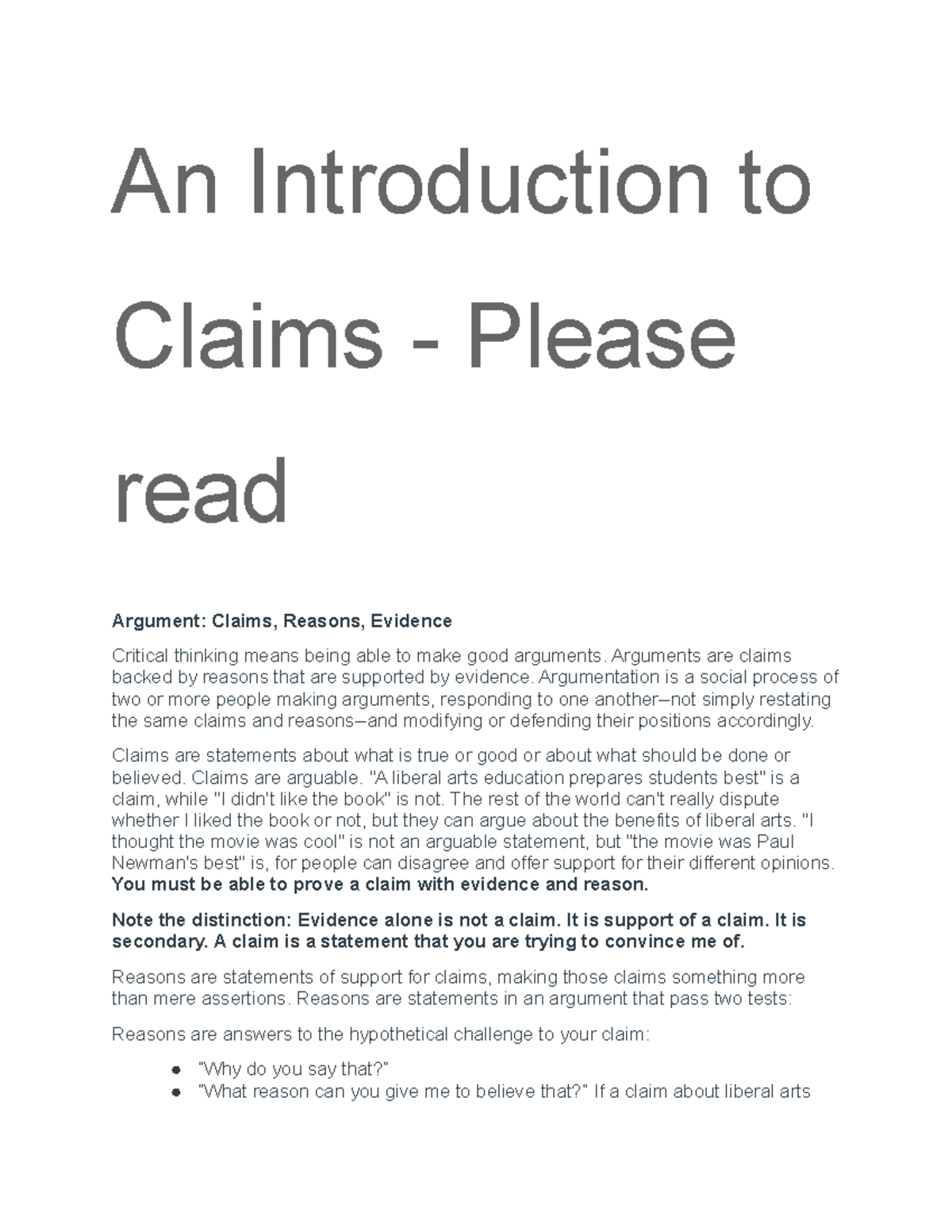 An Introduction to Claims - Arguments are claims backed by reasons that ...