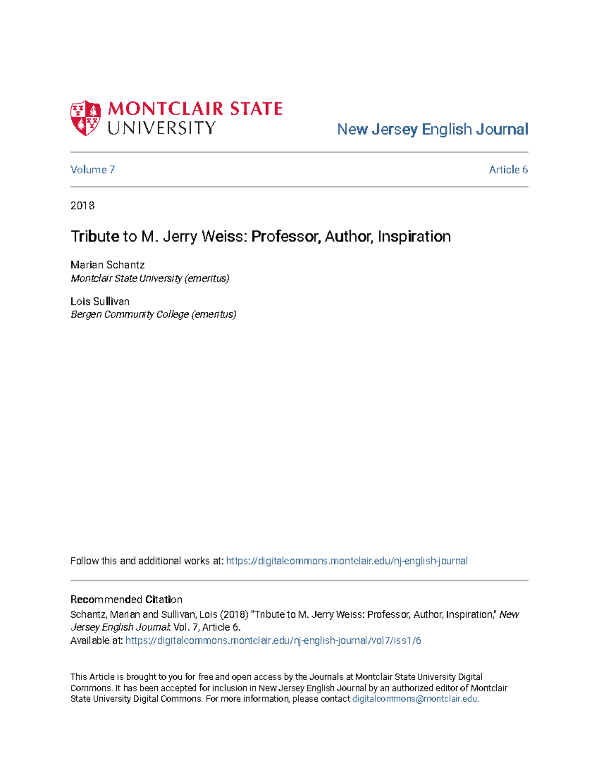 Tribute to M. Jerry Weiss Professor Author Inspiration - New Jersey ...