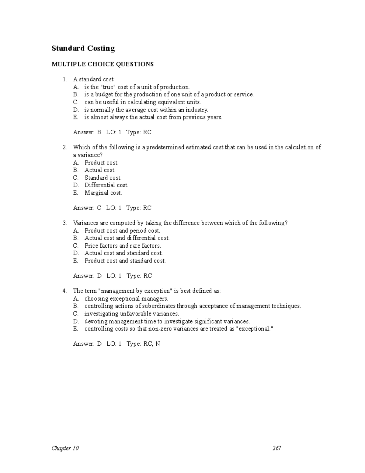 Standard Costing Hilton - Standard Costing MULTIPLE CHOICE QUESTIONS A ...