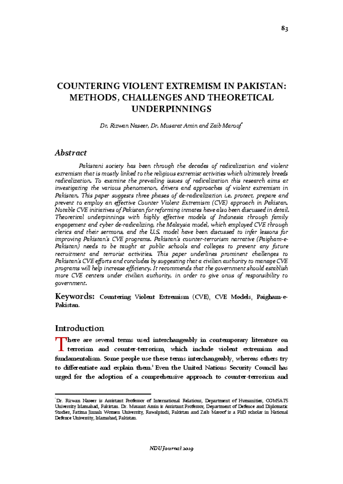 05 Countering Violent Extremism - 83 COUNTERING VIOLENT EXTREMISM IN PAKISTAN: METHODS ...