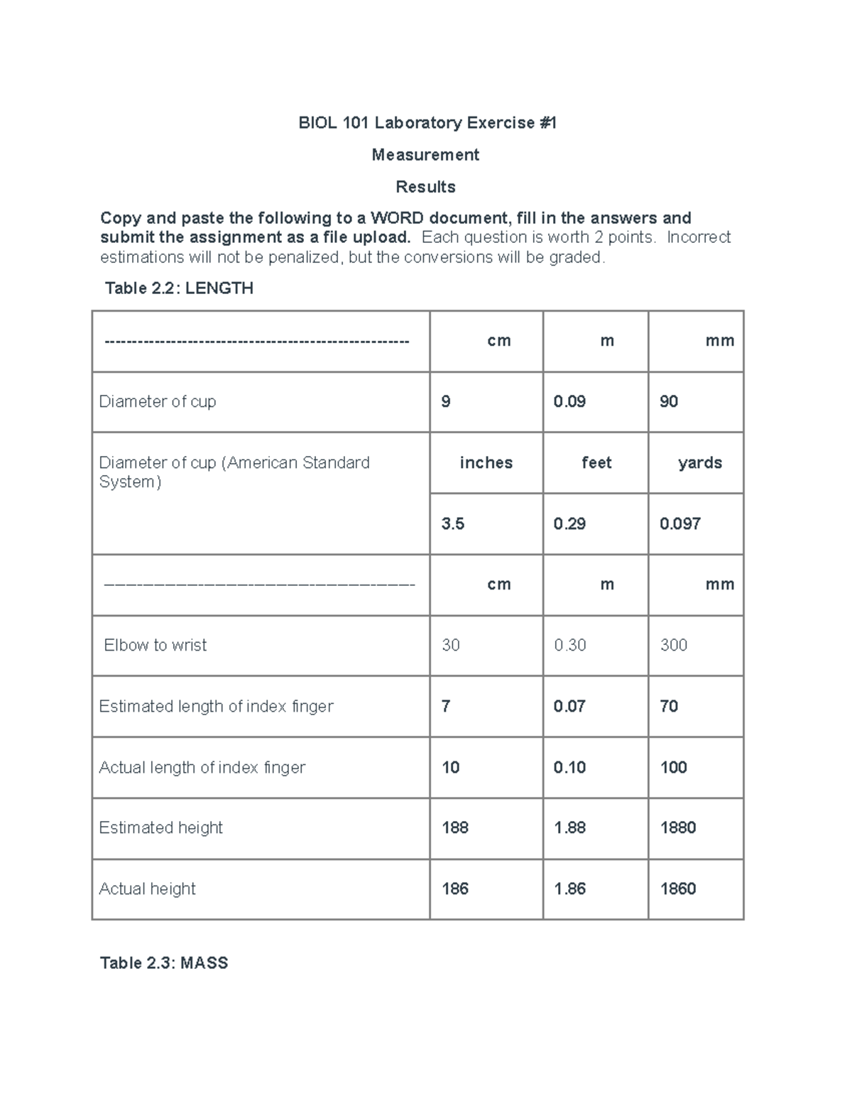 Metric lab - BIOL101 Lab - BIOL 101 Laboratory Exercise # Measurement ...