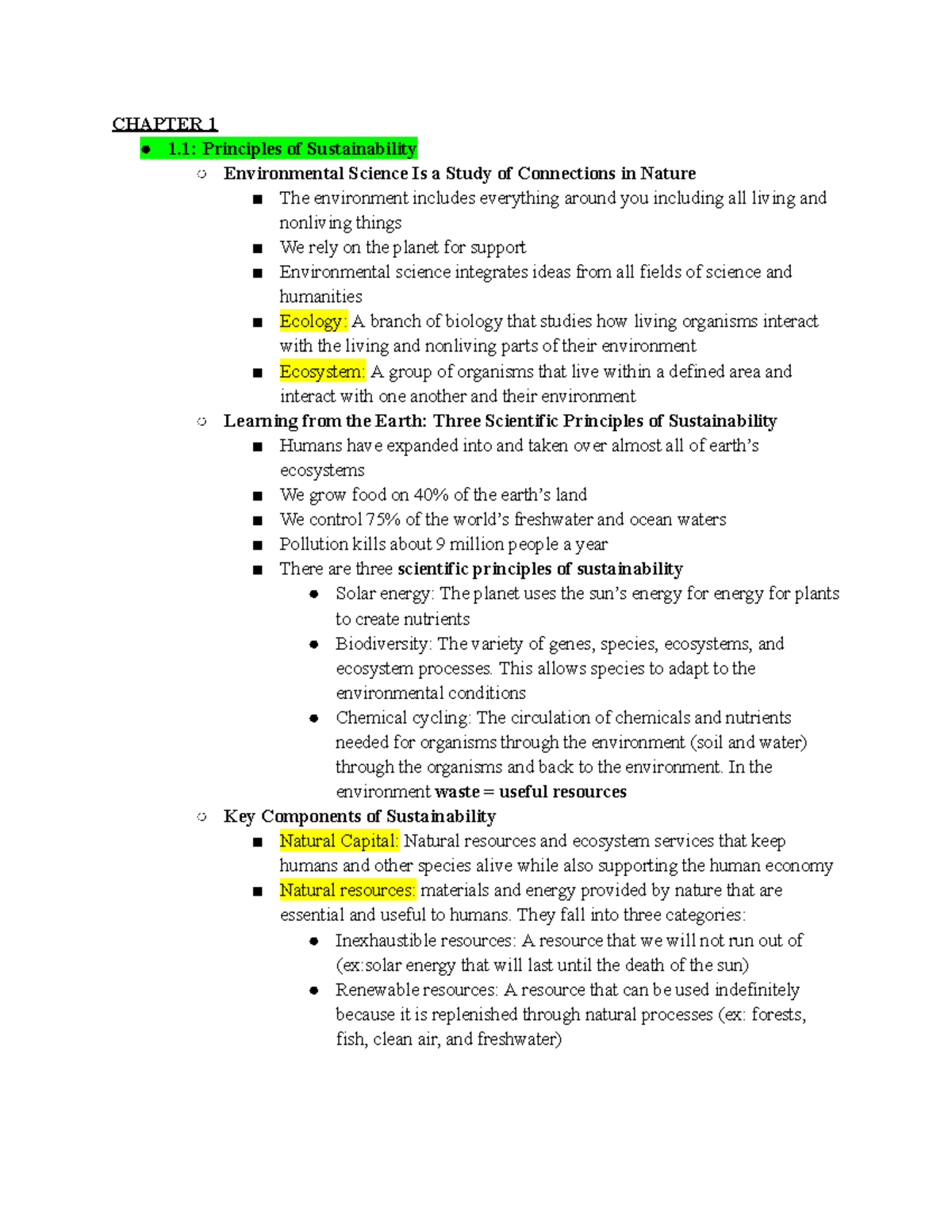 Living in The Environment Chapter 1 Summary - CHAPTER 1 1: Principles ...