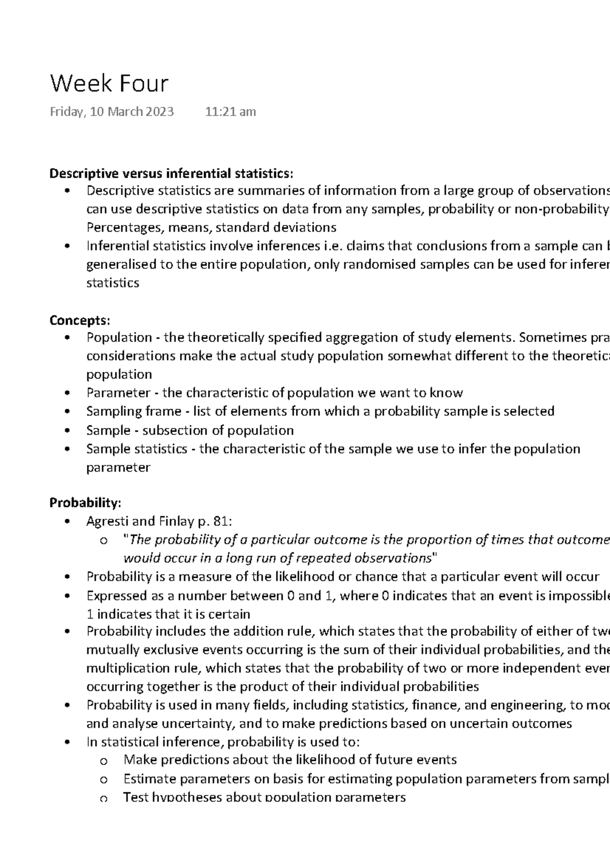 Week Four - Week Four Lecture Notes 2023 - Descriptive versus ...