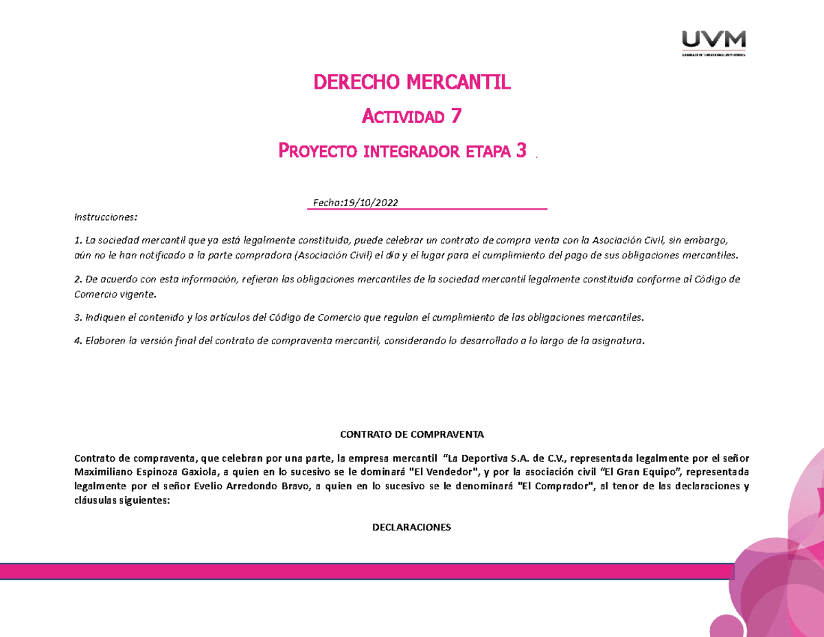 Actividad 7 derecho mercantil - DERECHO MERCANTIL ACTIVIDAD 7 PROYECTO INTEGRADOR ETAPA 3 - Studocu