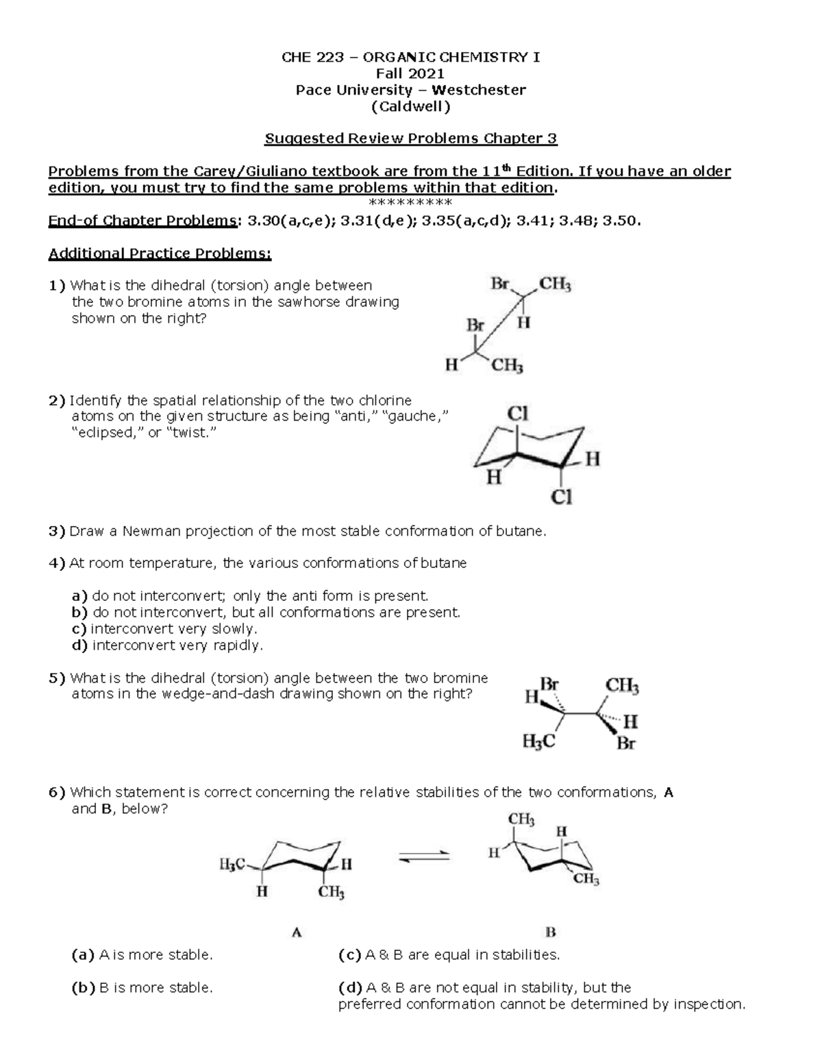Chapter 3 Problems CHE 223 Fall 2021 - CHE 223 – ORGANIC CHEMISTRY I ...
