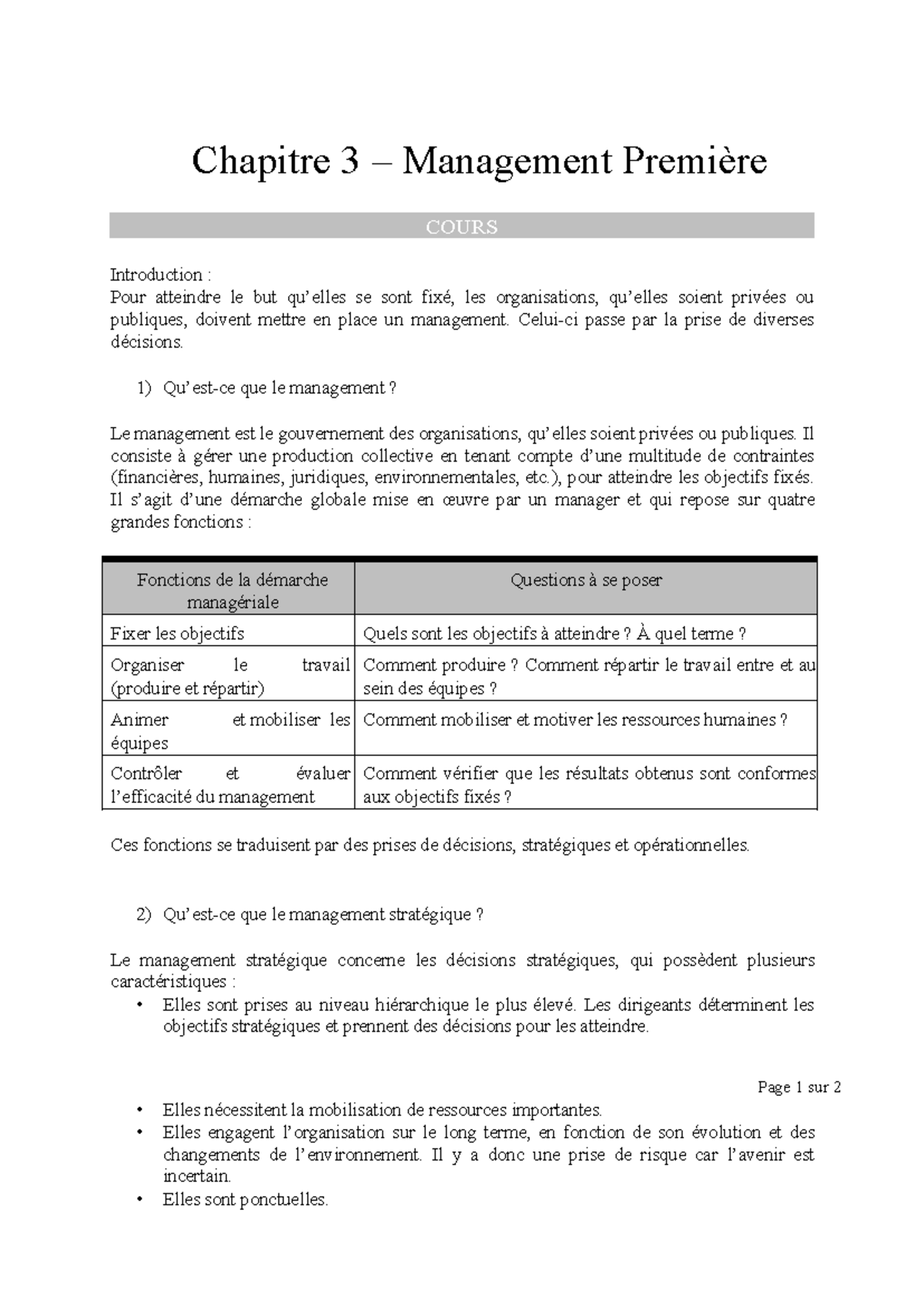 Chapitre 3 cours mana - Chapitre 3 – Management Première COURS Introduction : Pour atteindre le ...