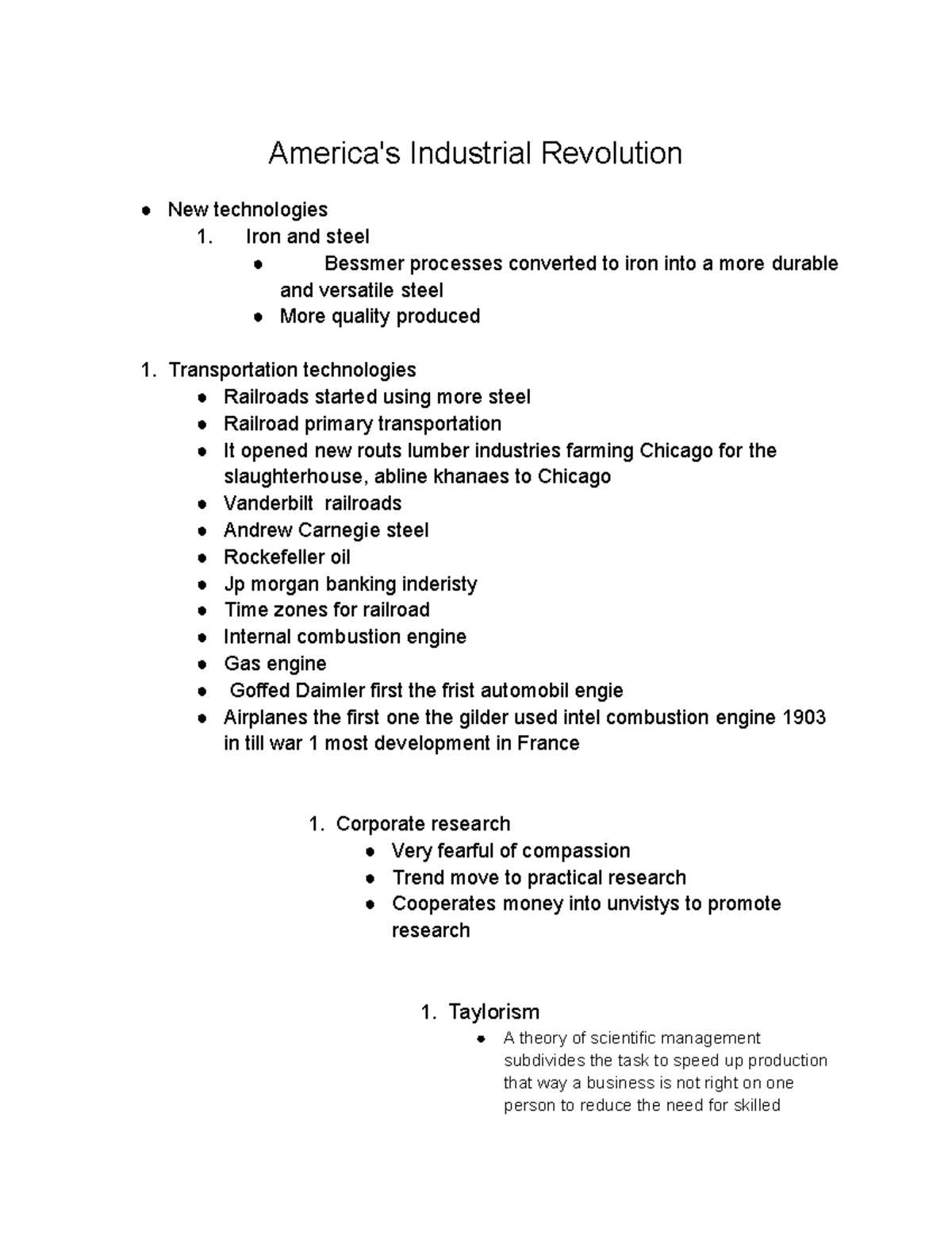 Hiatory Notes 2 - America's Industrial Revolution New technologies 1 ...