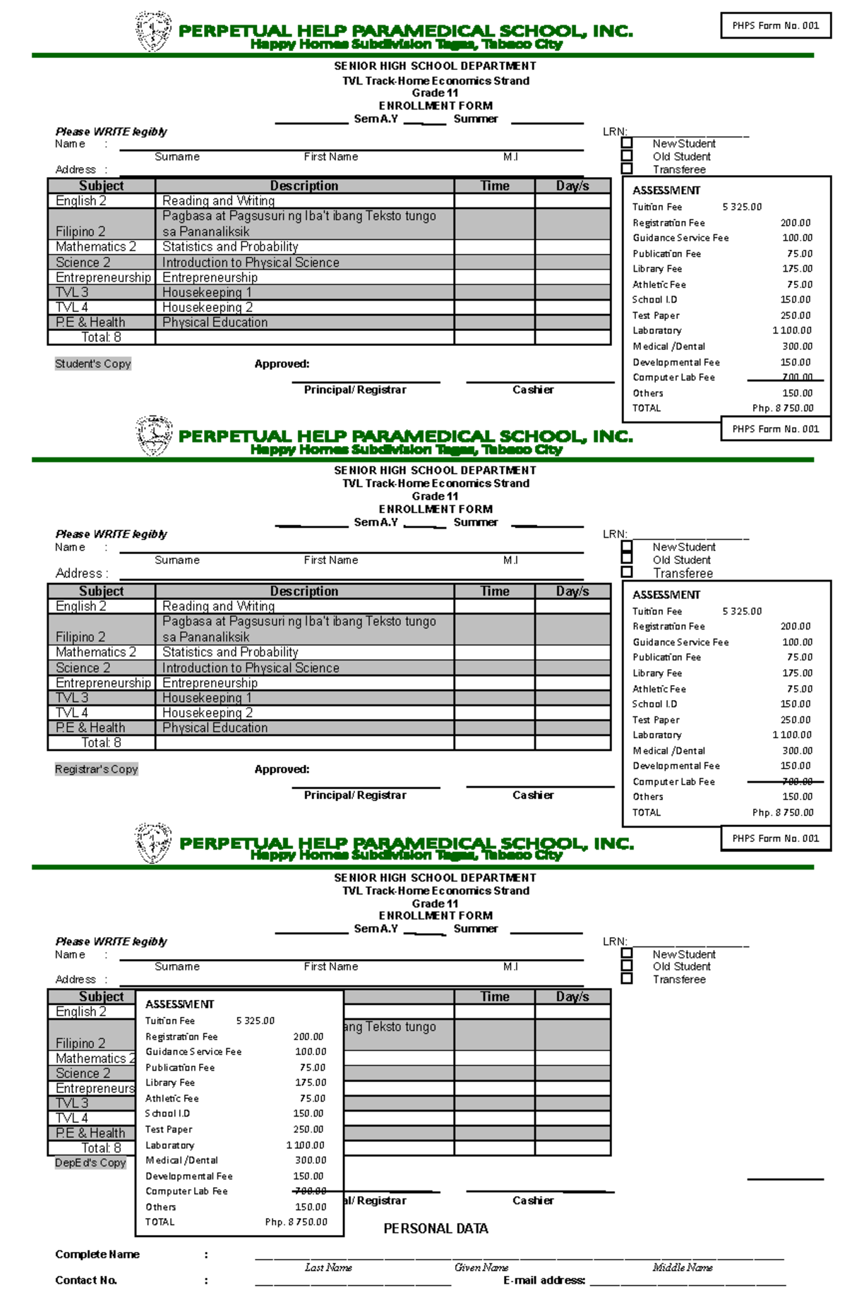 Enrollment FORM 2nd sem TVL Grade 11 - SENIOR HIGH SCHOOL DEPARTMENT ...