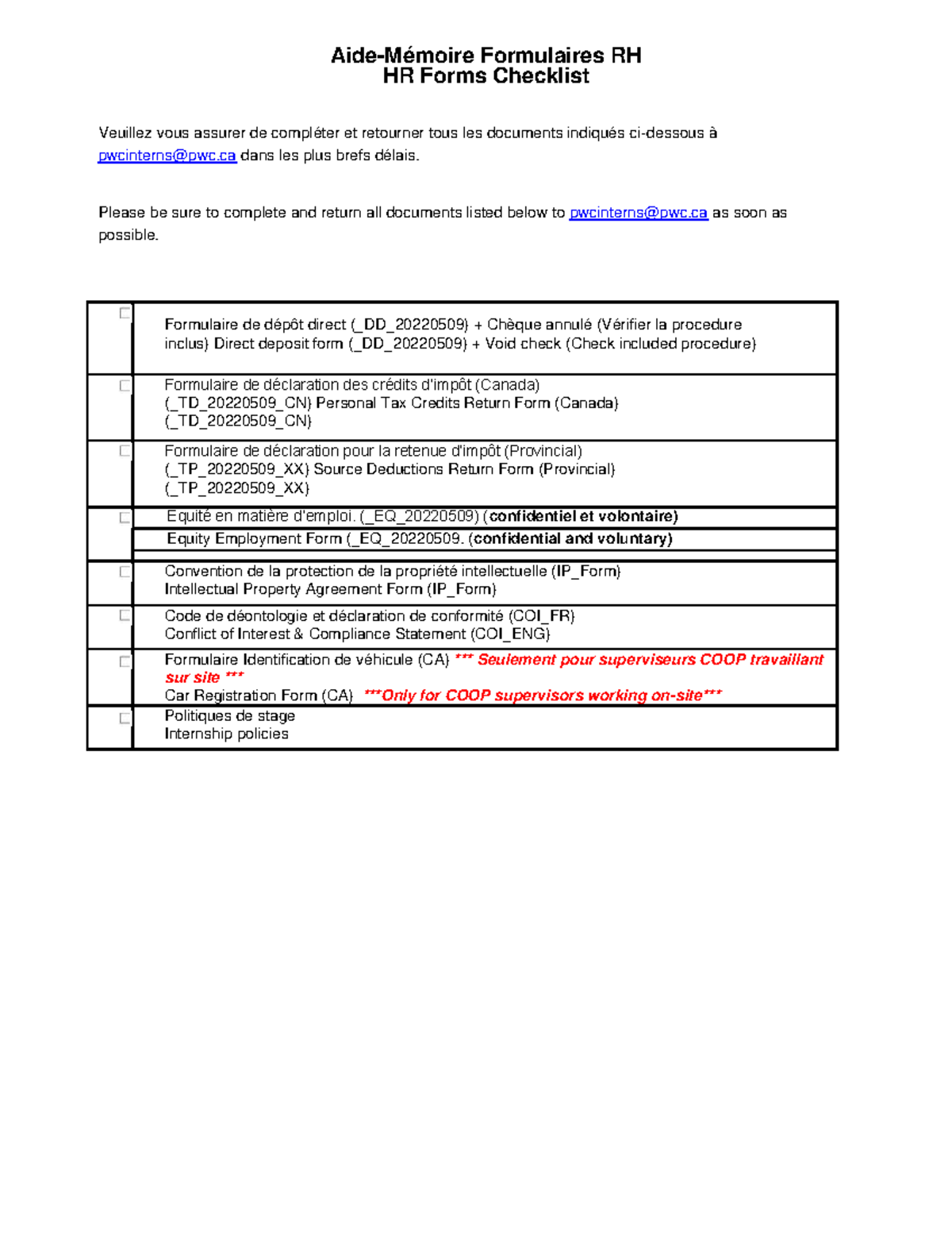 Aide Memoire - COOP Checklist - Aide-Mémoire Formulaires RH HR Forms ...