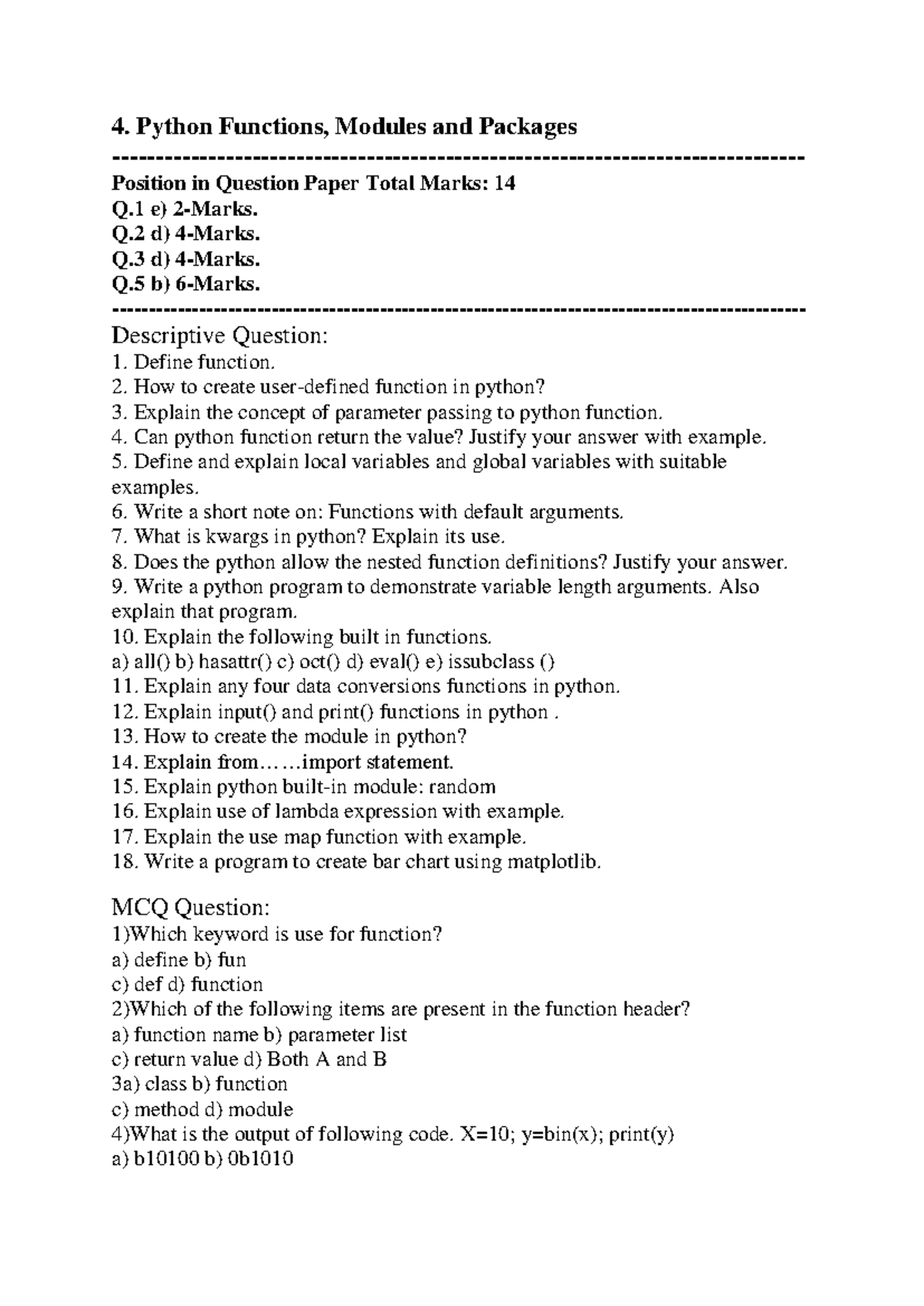 Assignment 4,5,6 - 4. Python Functions, Modules and Packages - Position in Question Paper Total ...