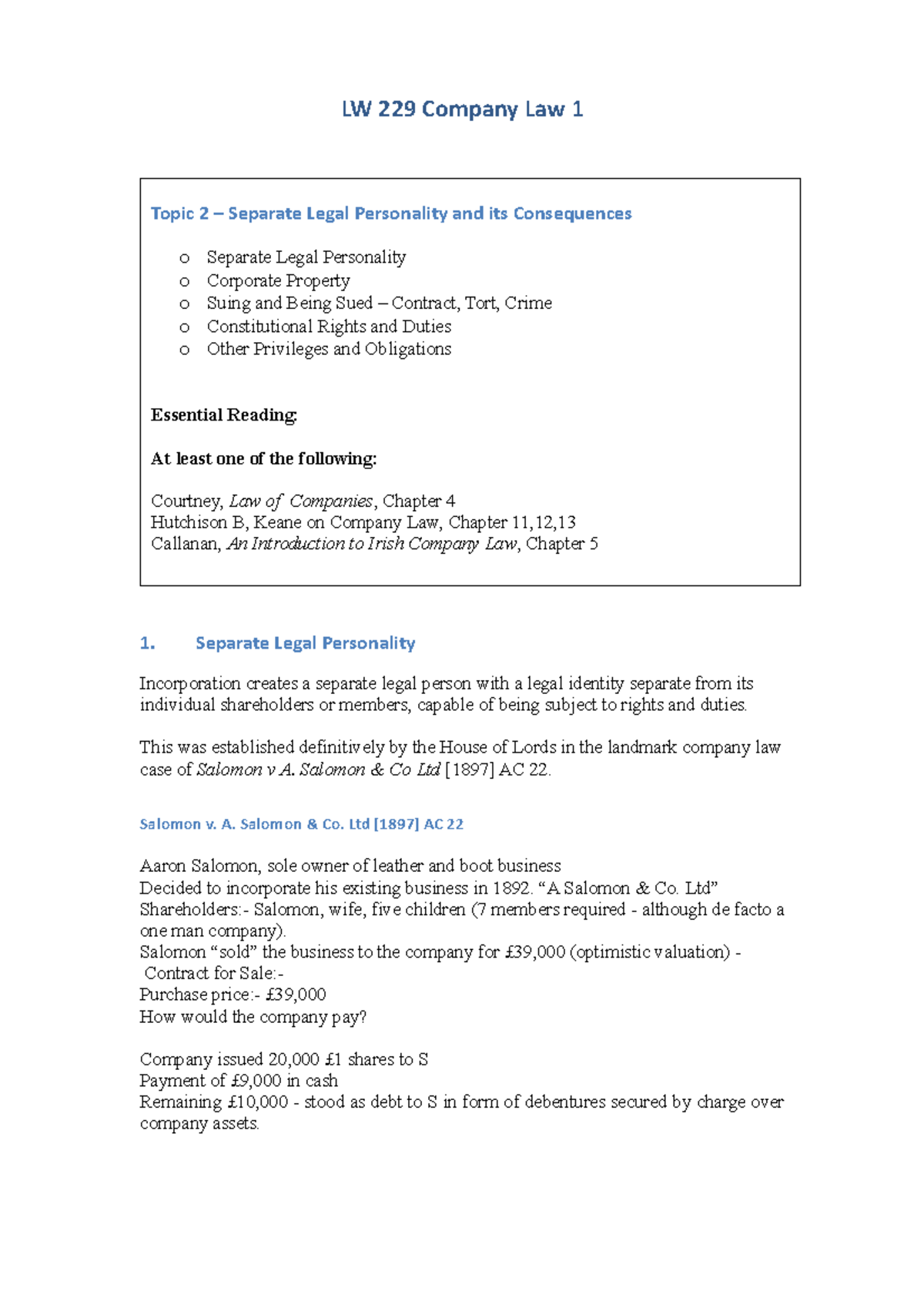 Topic 2 - Separate Legal Personality - LW 229 Company Law 1 1. Separate ...