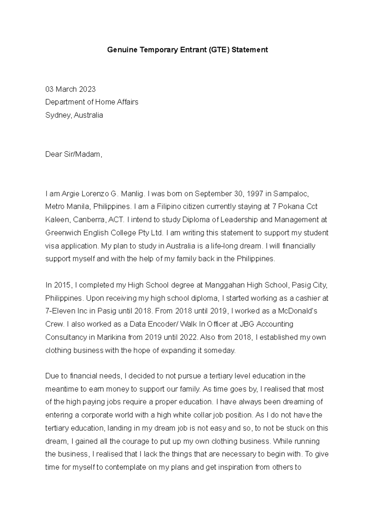 ednis oyats lecture - Genuine Temporary Entrant (GTE) Statement 03 ...