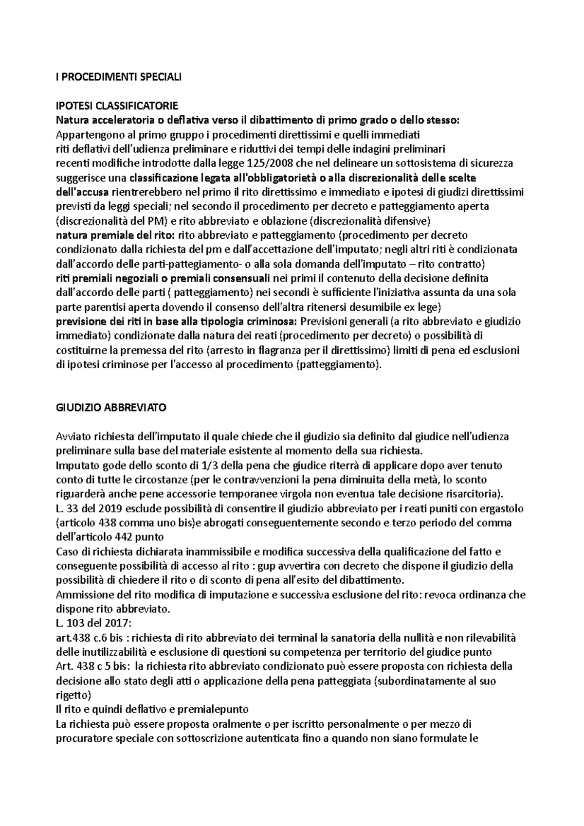 I Procedimenti Speciali sintesi giudizio abbreviato e patteggiamento ...