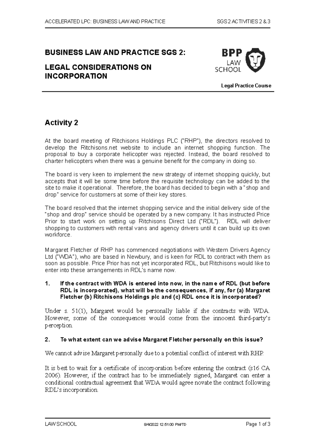 BLP SGS 2 Activities 2 and 3 - ACCELERATED LPC: BUSINESS LAW AND ...